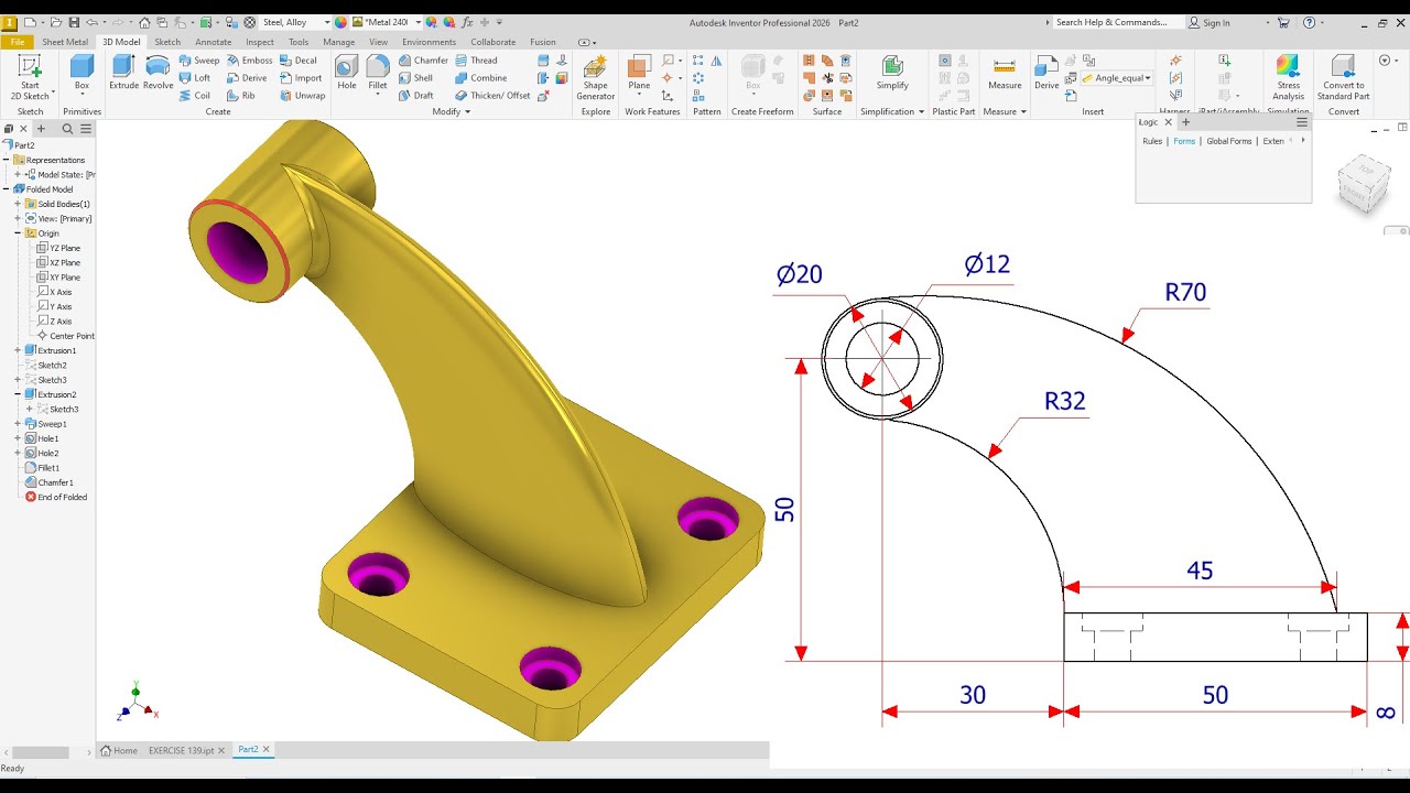 Autodesk Inventor Create Mechanical Part Designed EXERCISE 139 - YouTube