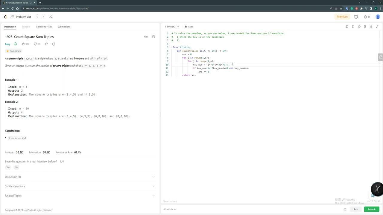 【Leetcode III 77/100】1925. Count Square Sum Triples (~Easy) - YouTube