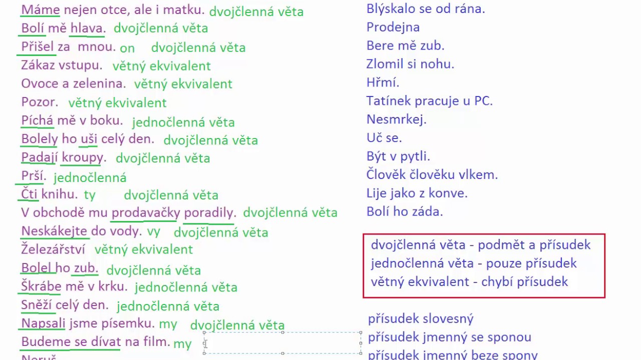 Jednočlenné věty, dvojčlenné věty, větný ekvivalent - YouTube