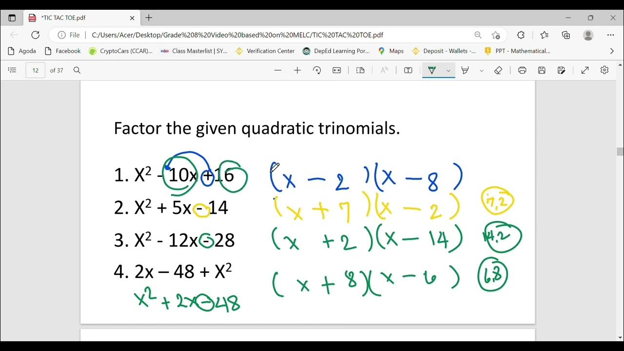 Factoring Quadratic Trinomials using TIC TAC TOE Approach - YouTube