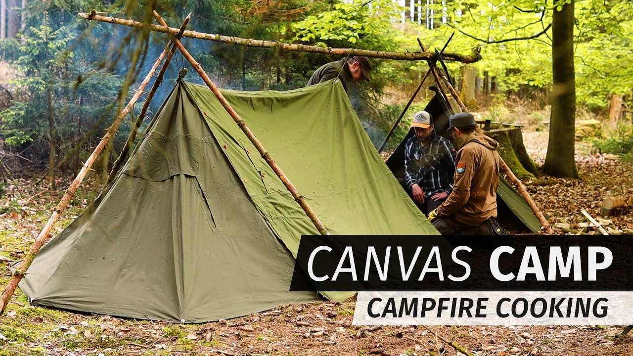 Canvas Bushcraft Camp And Campfire Cooking Lavvu Poncho Tent T Bone Steaks 3 Caps In The