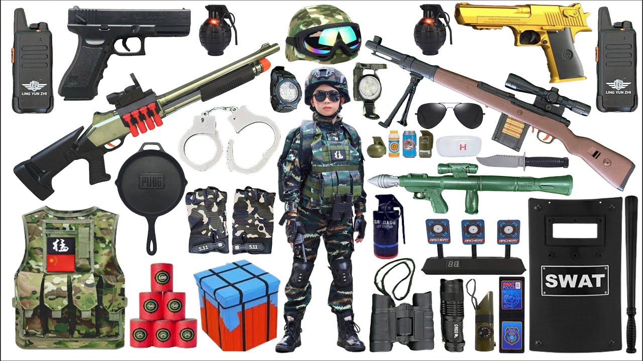 Special Police Weapons Toy set Unboxing-M416 guns, 98k, Gas mask, Glock ...