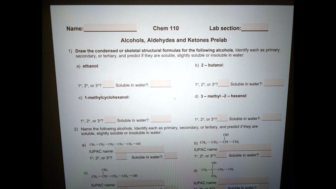 [Chemistry] Alcohols, Aldehydes and Ketones Prelab Draw the condensed ...