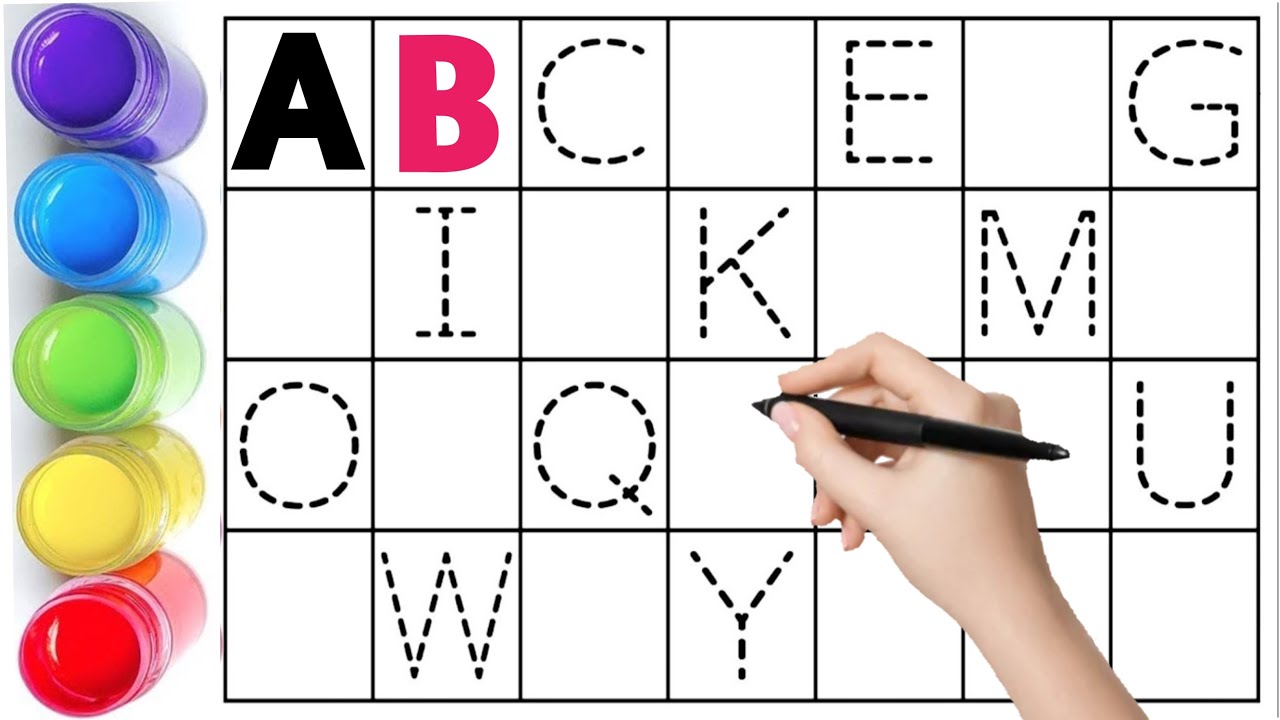 Alphabet a to z, ABCD, collection of writing along dotted lines for ...