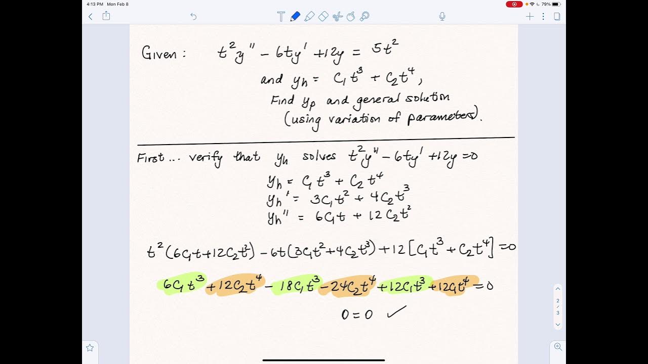Solving a Nonhomogenous Cauchy Euler DE with Variation of Parameters - YouTube