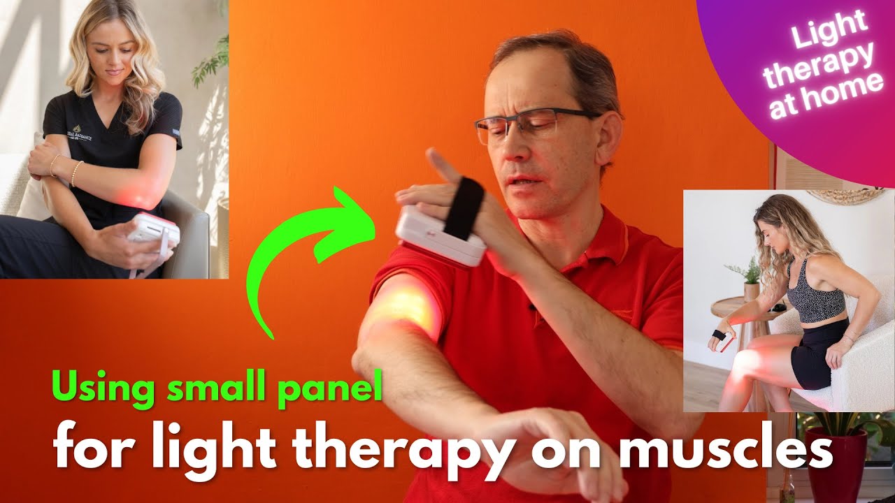 Using small handheld therapy light panel for light therapy on muscles ...