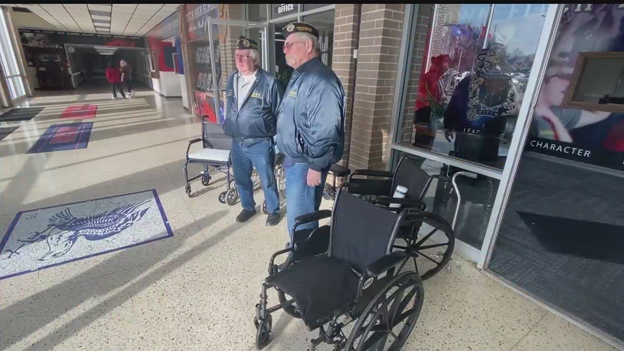 Veterans donate wheelchairs to local high school - YouTube