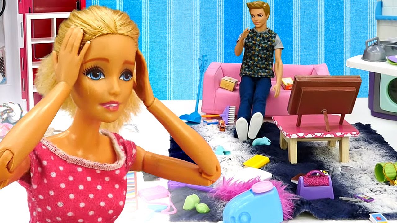Barbie videos for kids - Ken cleans up Barbie's dreamhouse. - YouTube