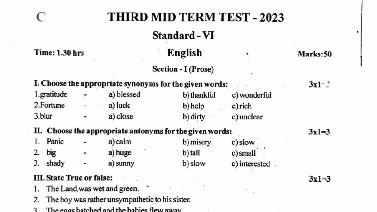 6th english Third midterm exam question paper 2024 | Model question ...