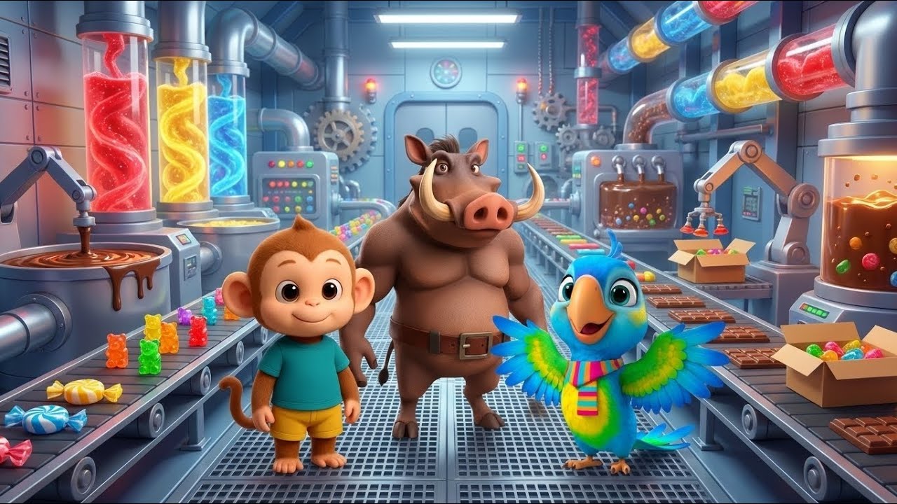 Monkey Halu experiences the automatic candy factory - YouTube