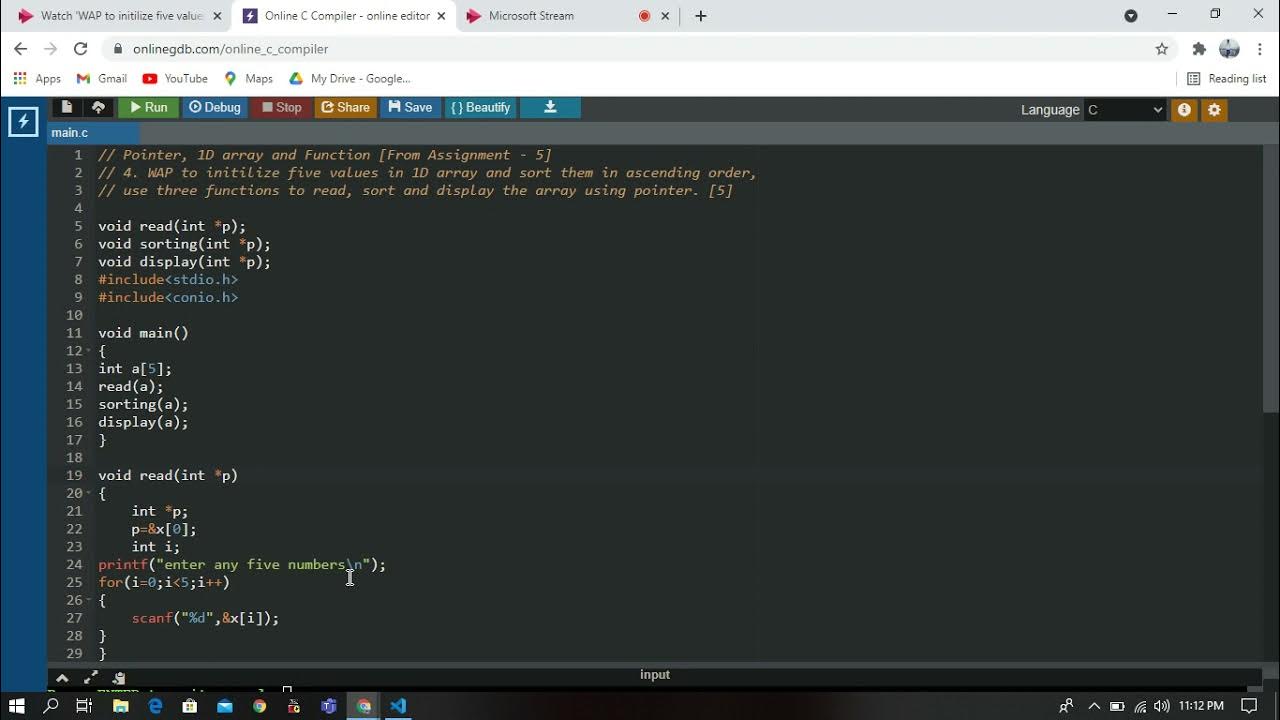 using pointer WAP to initialize 5 values in 1D array and sort them in ...