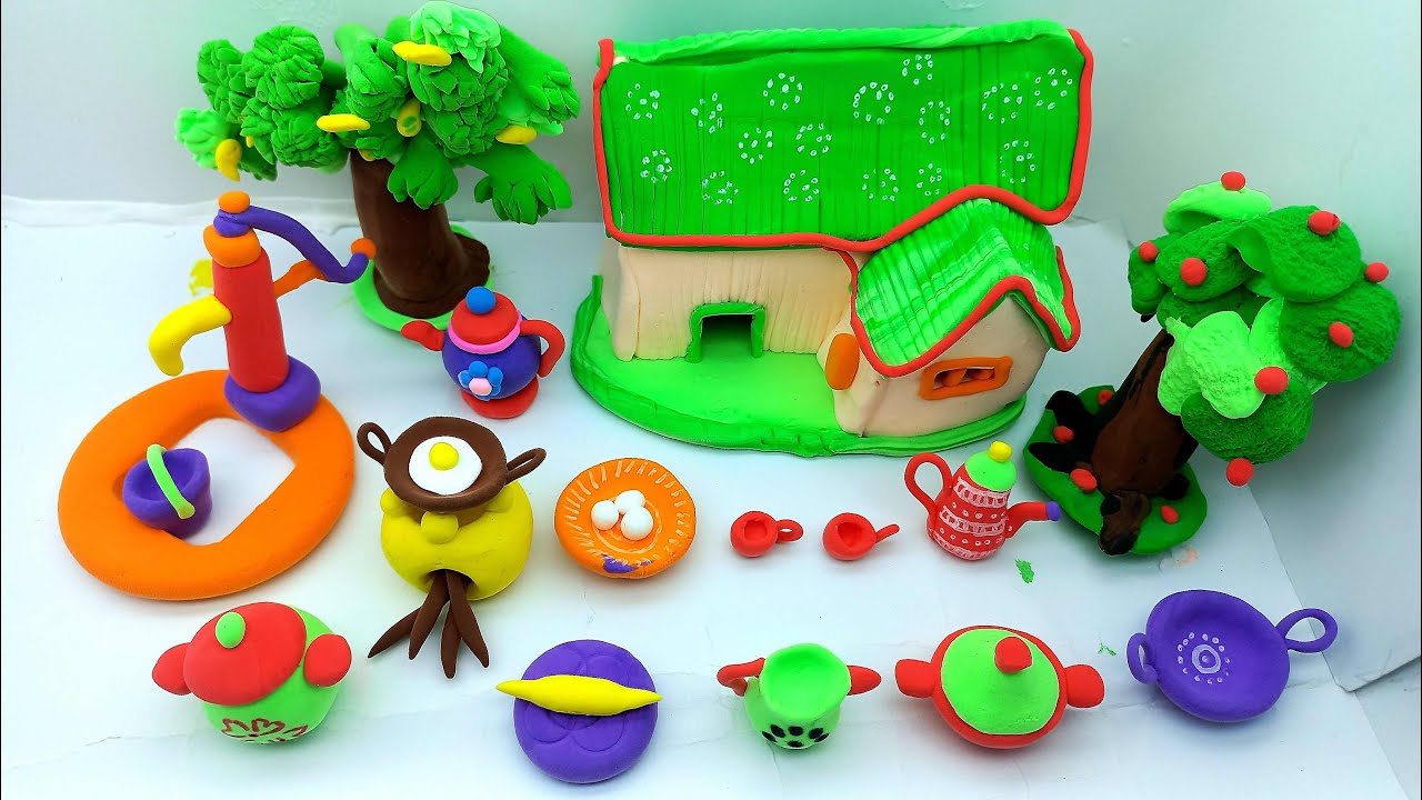 DIY How to make polymer clay beautiful house, Kitchen sat, hand pump, tree, pc polymer clay ...