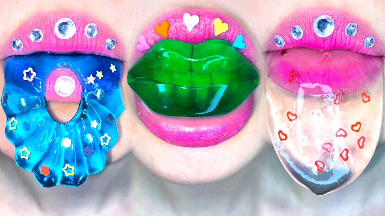 파란 조개 젤리 먹방 ASMR BLUE SHELL JELLY LEAF LIPS PUDDING CLEAR CHIPS SNACK ...