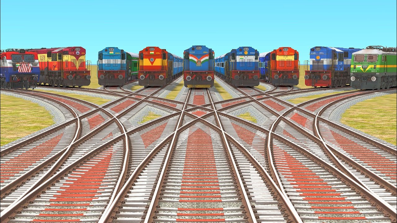 9 TRAIN CROSSING ON RHOMBUS CURVED RAILROAD | 1st Two Train Is Electric ...