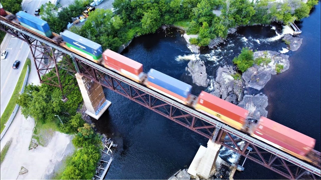 CN Intermodal Freight Train at Parry Sound CPR Trestle Bridge - YouTube