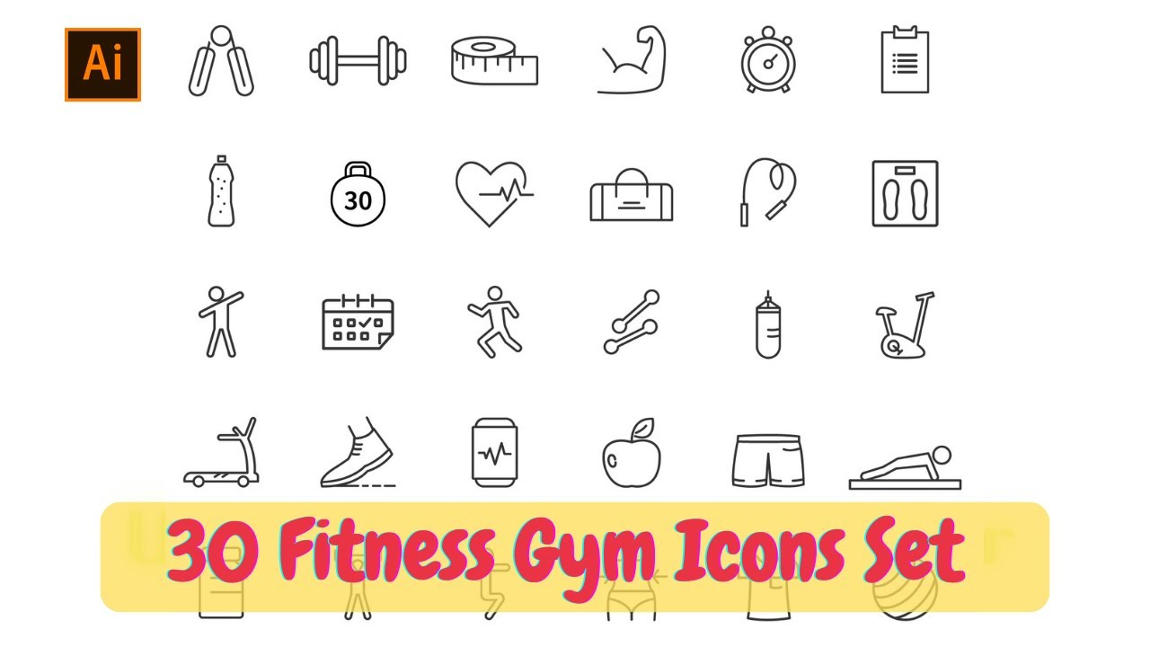 Design 30 Awesome Vector Fitness Icons Set With Illustrator | Gym Icon ...