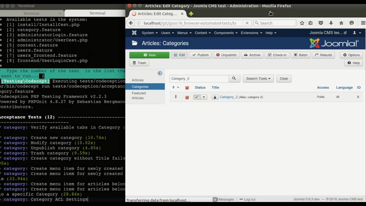 Joomla! CMS Category and User Frontend Feature using BDD Gherkin and Codeception - YouTube