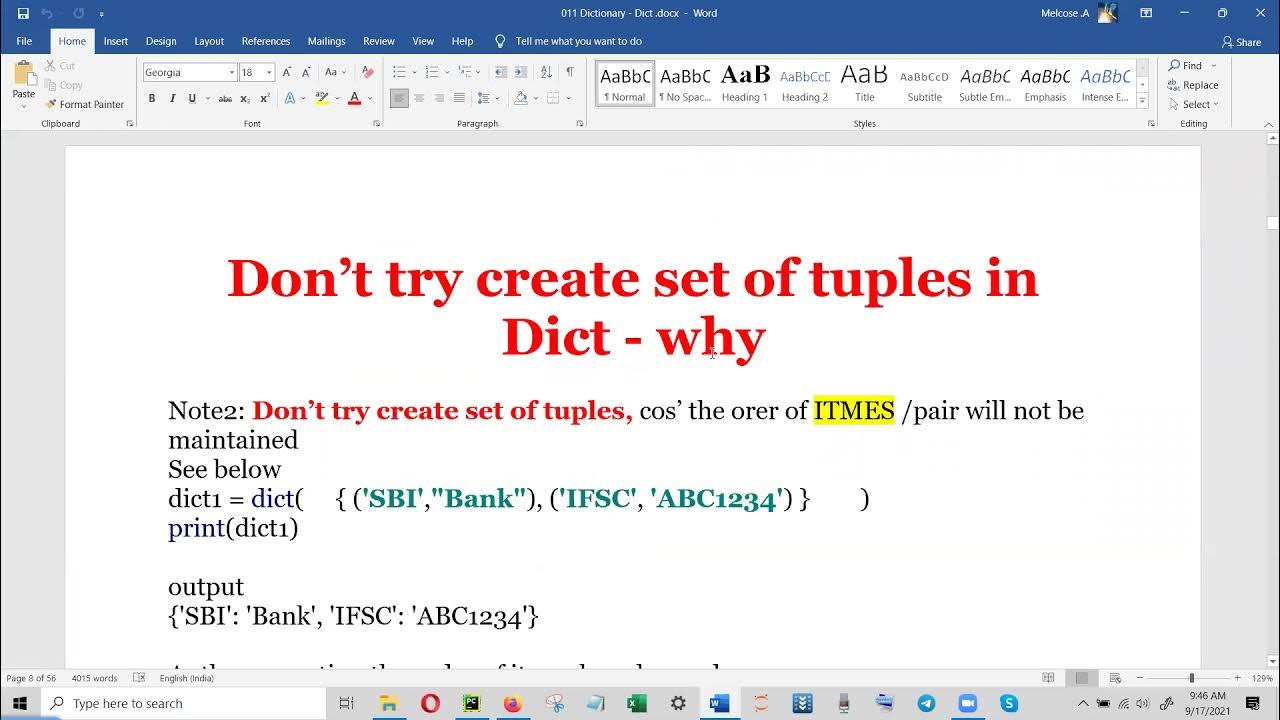Python in Tamil - Day 16 - Dict data type continuity - 2021-09-17 - YouTube