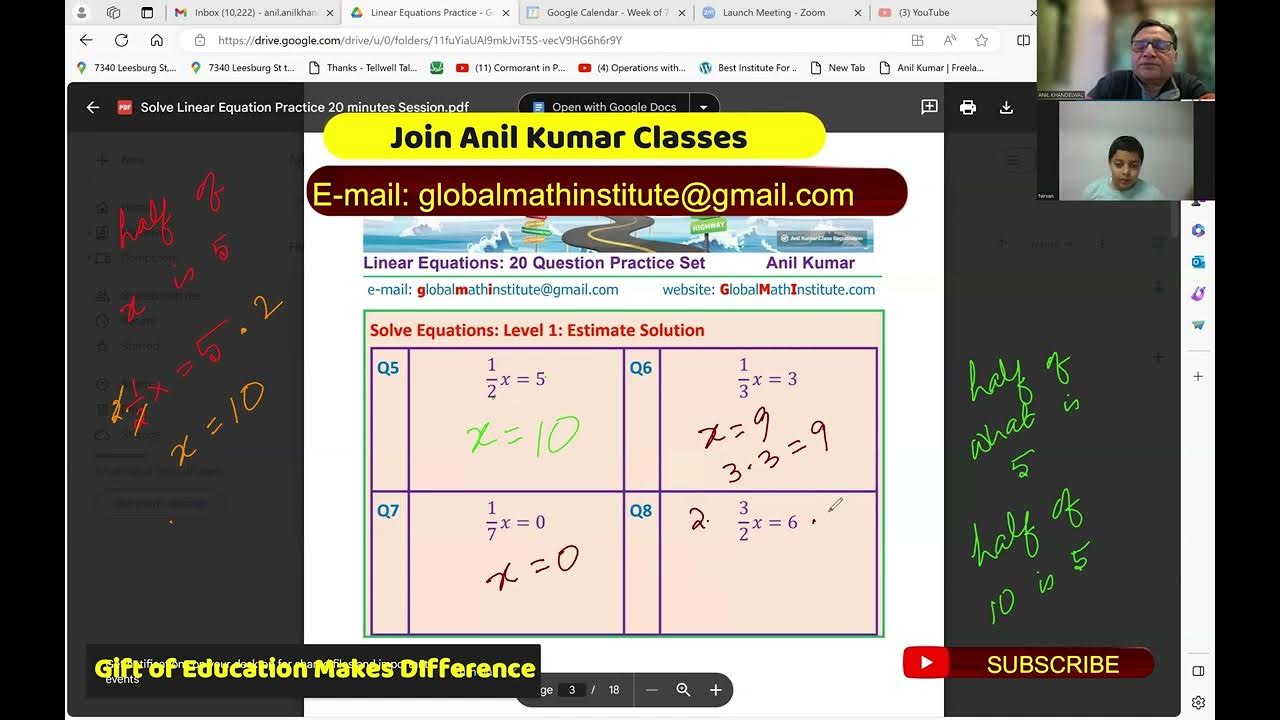 20 Questions Linear Equations Part 1 Estimate Solution and Understand Strategies - YouTube