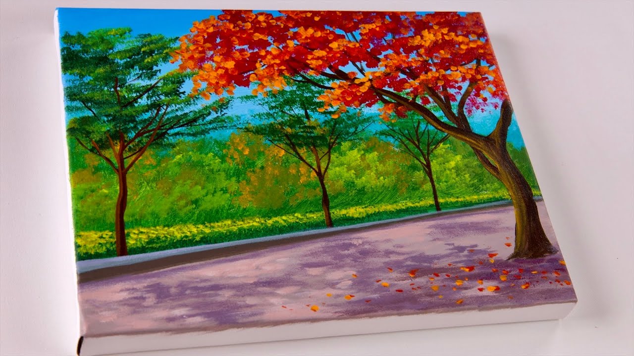 Landscape painting in spring season | Easy to paint | Acrylic painting ...