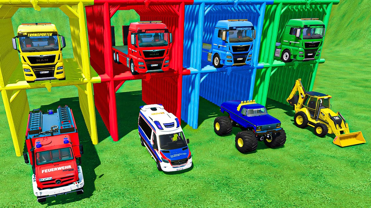 TRANSPORTING FIRE TRUCK , SERVICE CAR , MONSTER TRUCK , CAT LOADER ...