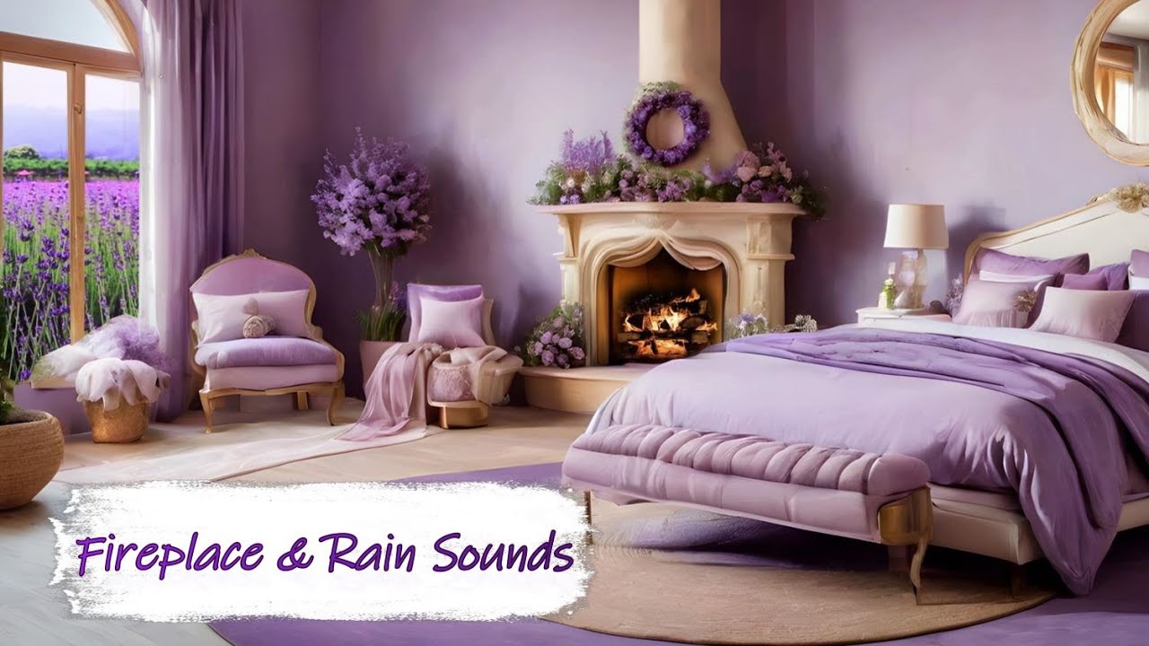 Lilac Raindrops:🪻Fireplace Bliss in Lavender Fields - Gentle Rain ...