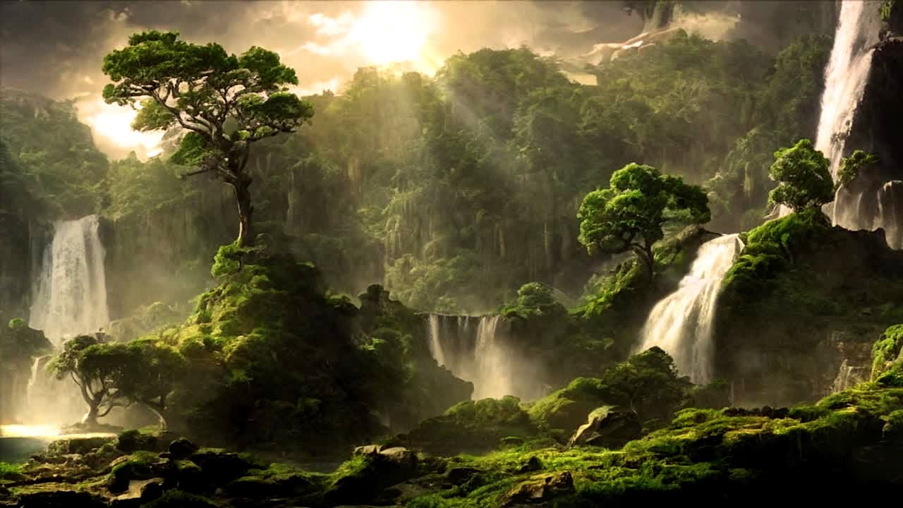Enchanted Rainforest 🌴 | Cascading Waterfalls 🌊 , Golden Sunlight ...