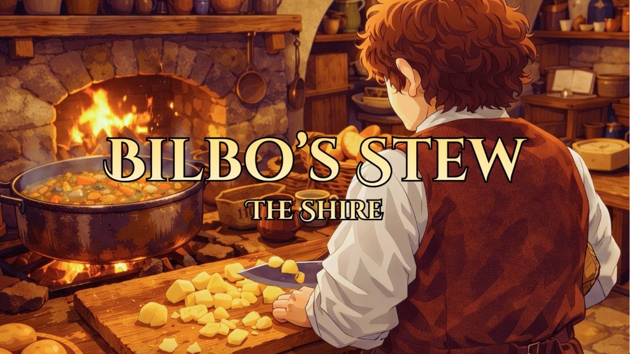 Cozy Hobbit Kitchen Ambience 🍲 Fireplace, Stew & LOTR-Style Music for ...