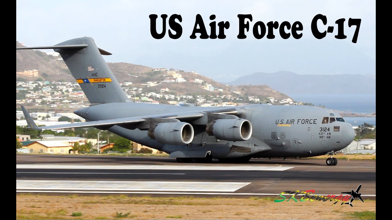 US Air Force C-17 departing St. Kitts Airport, Eastern Caribbean ...