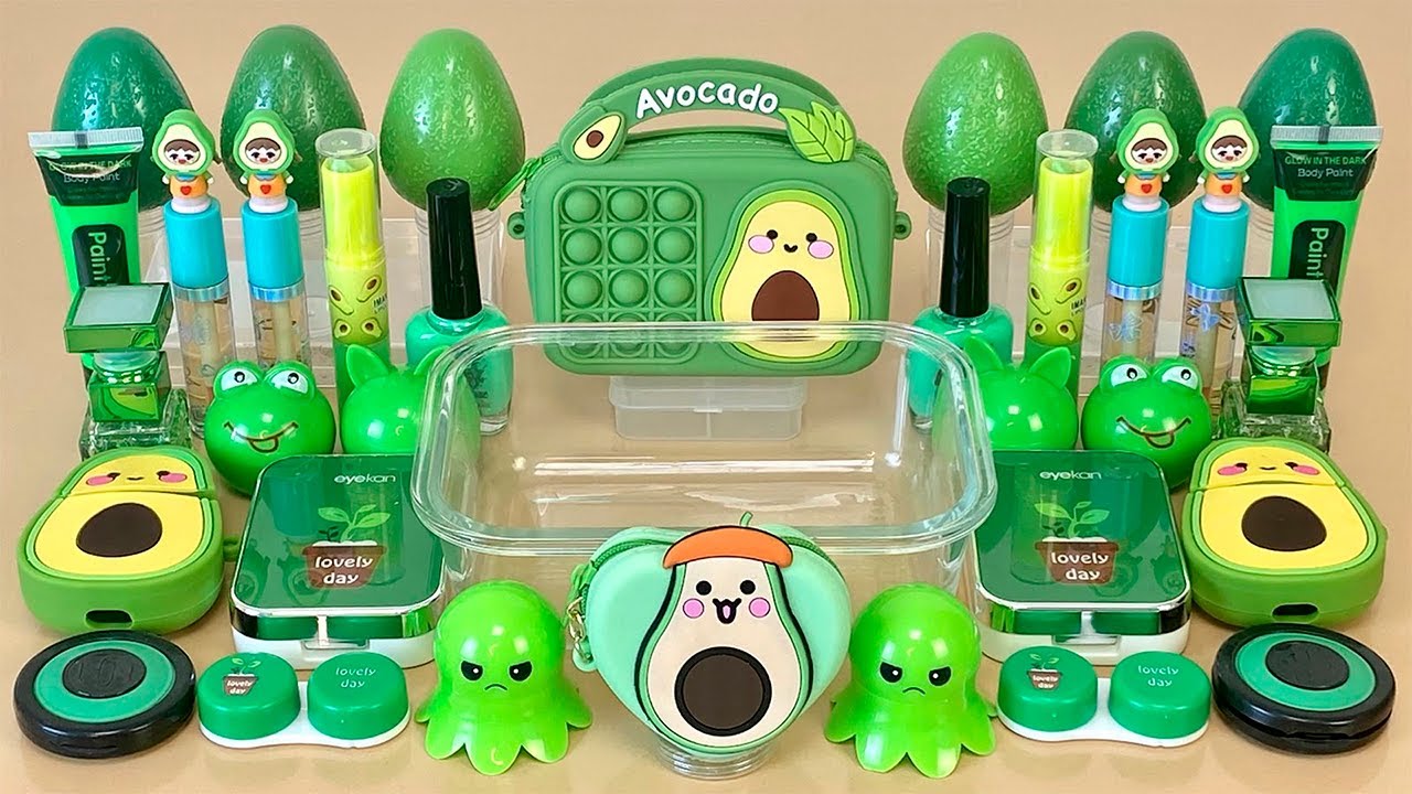 ASMR Slime 🥑 Mixing ”AVOCADO” makeup, Eyeshadow, glitter into slime ...