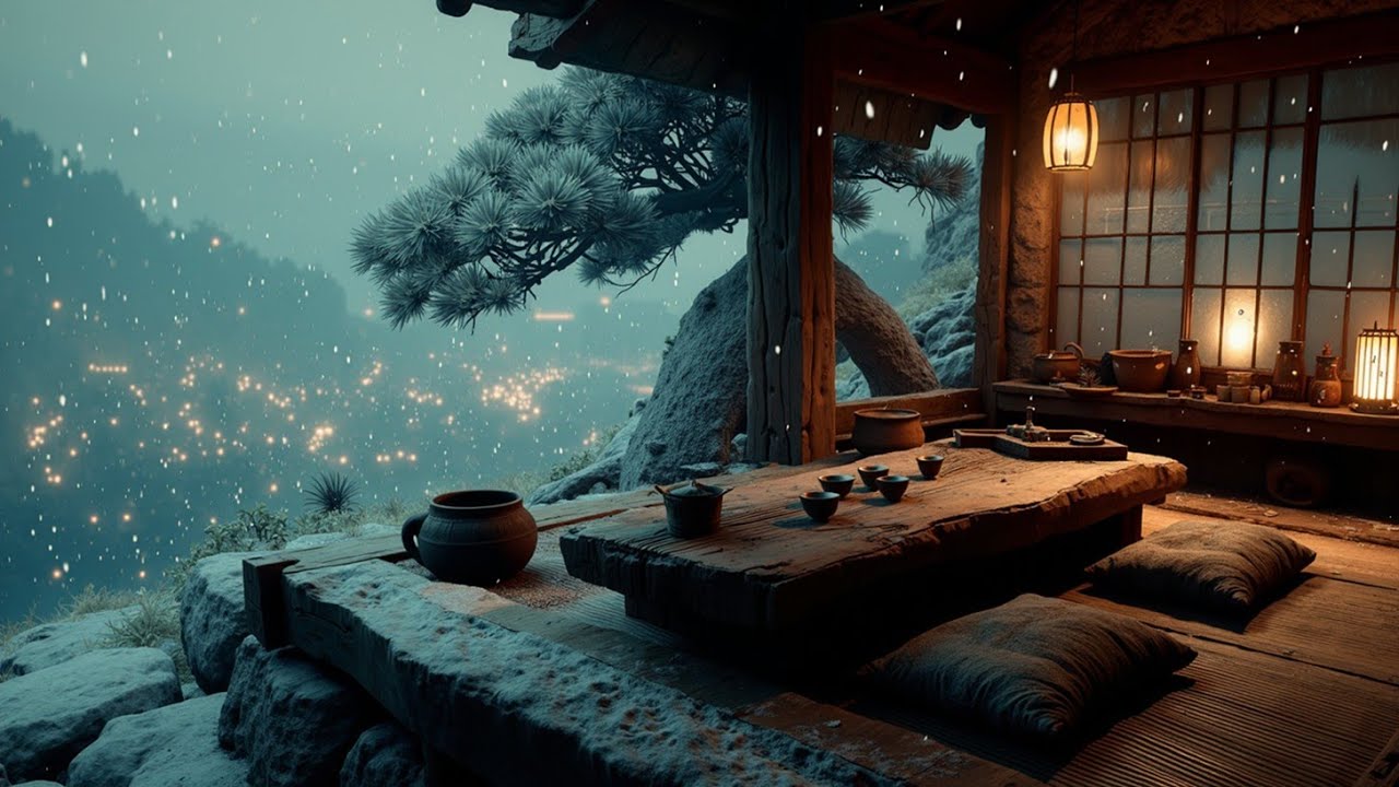 Cozy Tea House in Winter & Guzheng Music | Snowy Evening Ambiance for ...
