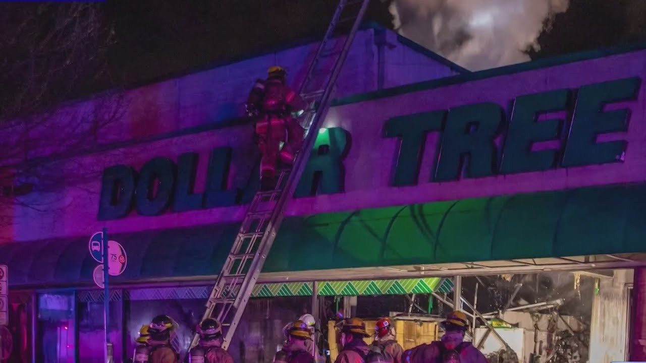 Dollar Tree goes up in flames, roof partially collapses - YouTube