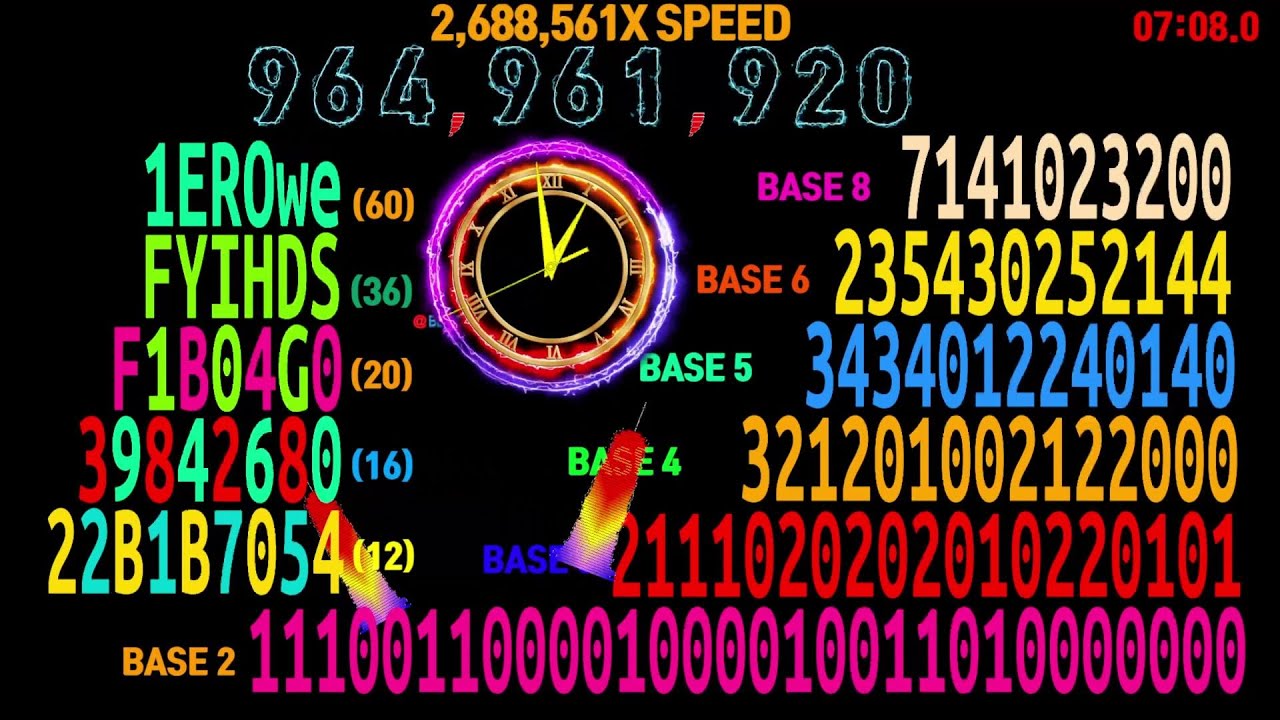 Numbers 0 to 1,000,000,000 with base 2,3,4,5,6,8,10,12,16,20,36,60 ...