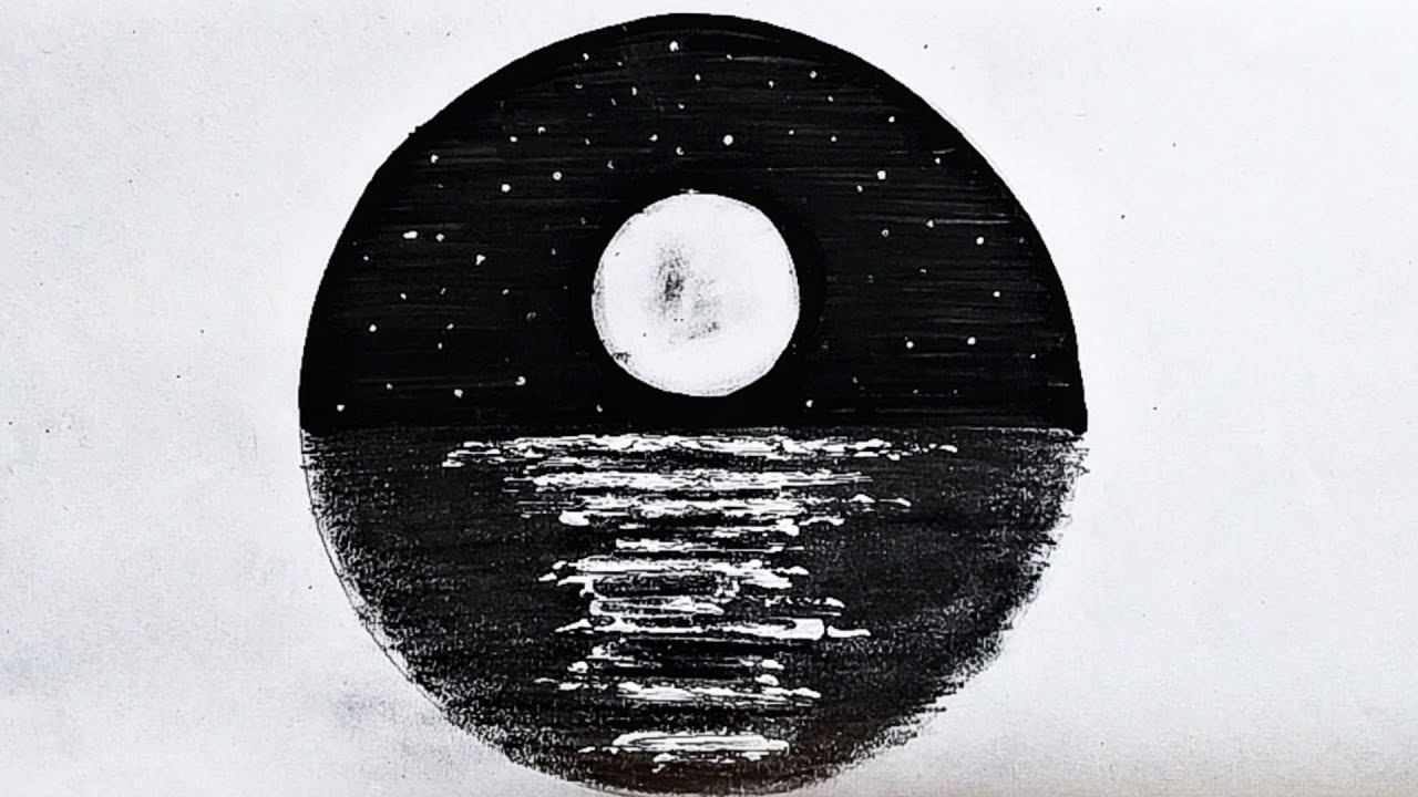 Easy Night Sky Drawing | How To Draw Moon Light Scenery | Art Video ...