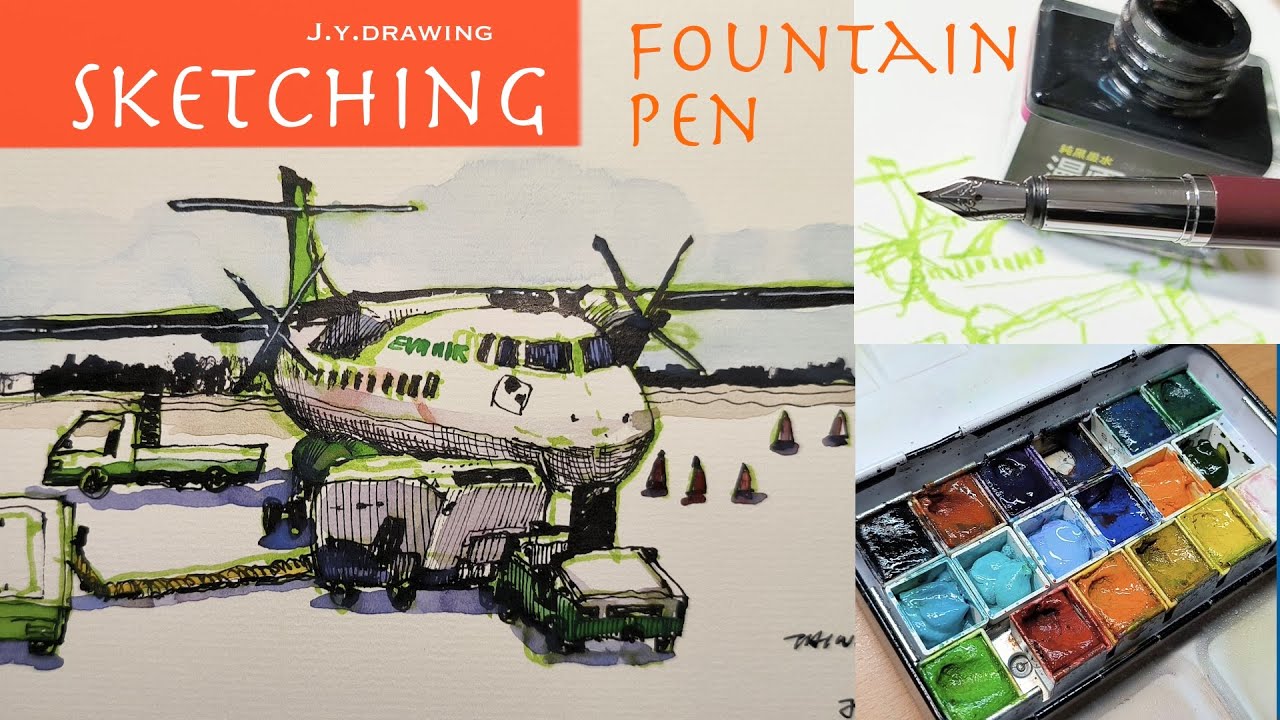 Fountain Pen Drawing 】ASMR | Sketching and Painting: Airplane | Easy ...