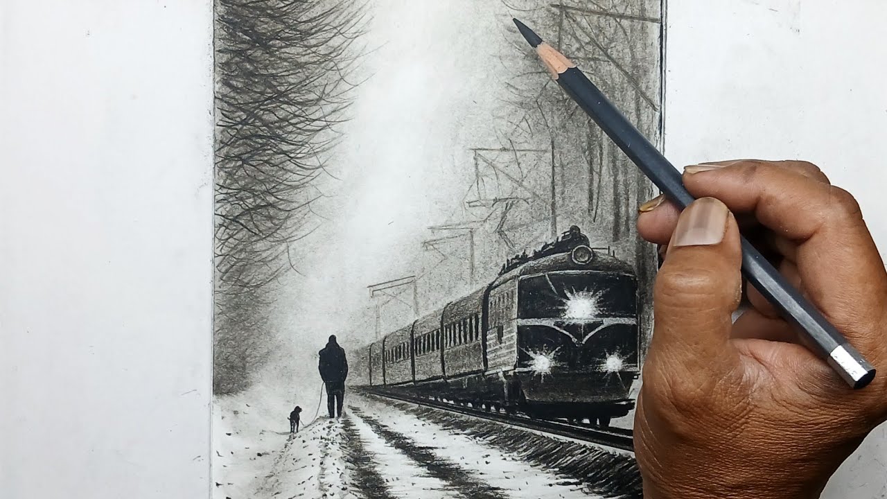 Train landscape scenery drawing with pencil step by step. - YouTube