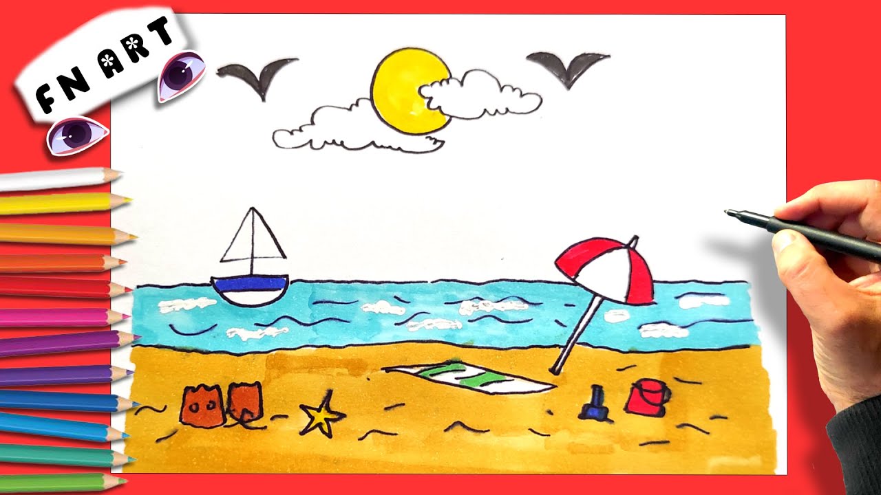 How to draw a beach scene step by step easy - YouTube