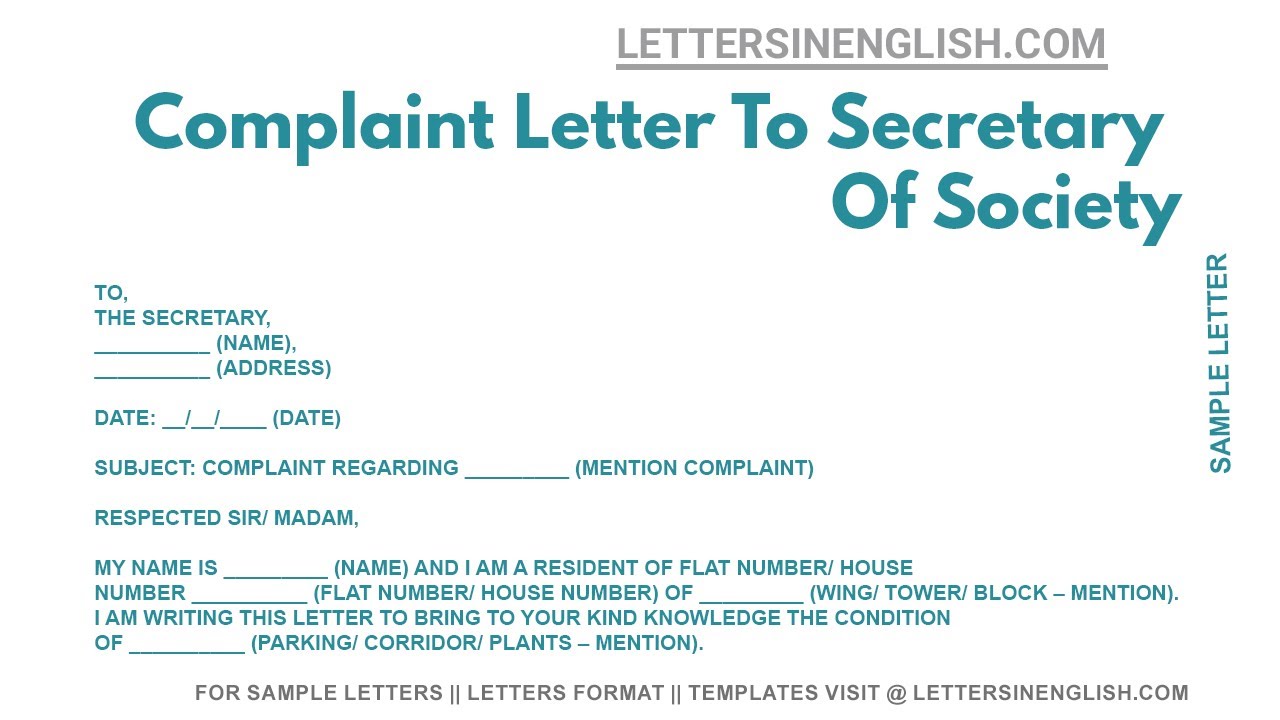 Complaint Letter to Secretary of Society - Sample Complaint Letter ...