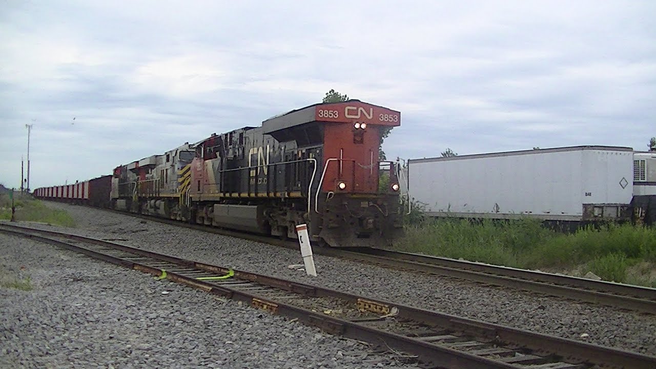 CN 3853 CN 3962 CN 3830 Northbound HERZOG ballast Train Fond Du Lac Wisconsin Kohlman Road 07-04 ...