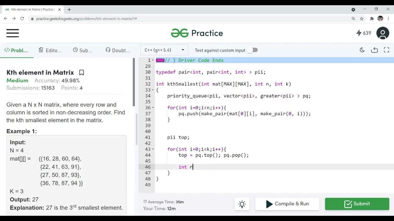 Kth smallest element in a row wise and column wise sorted 2D array code - YouTube