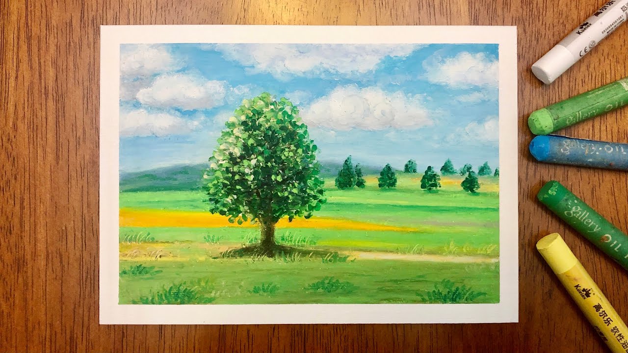 Oil Pastel Drawing 01 | Breezy Tree - easy step by step on how to draw ...