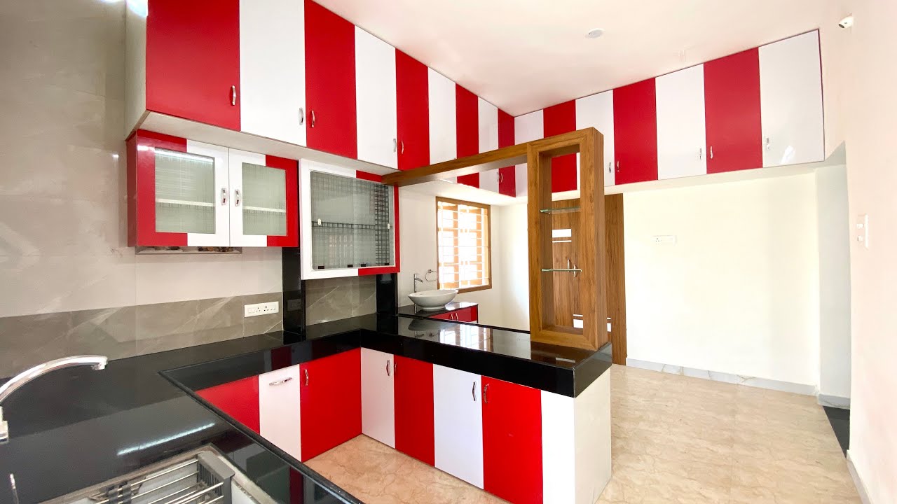 Red & White Combo Modular Kitchen with Breakfast Countertop 🔥🔥// Wooden ...