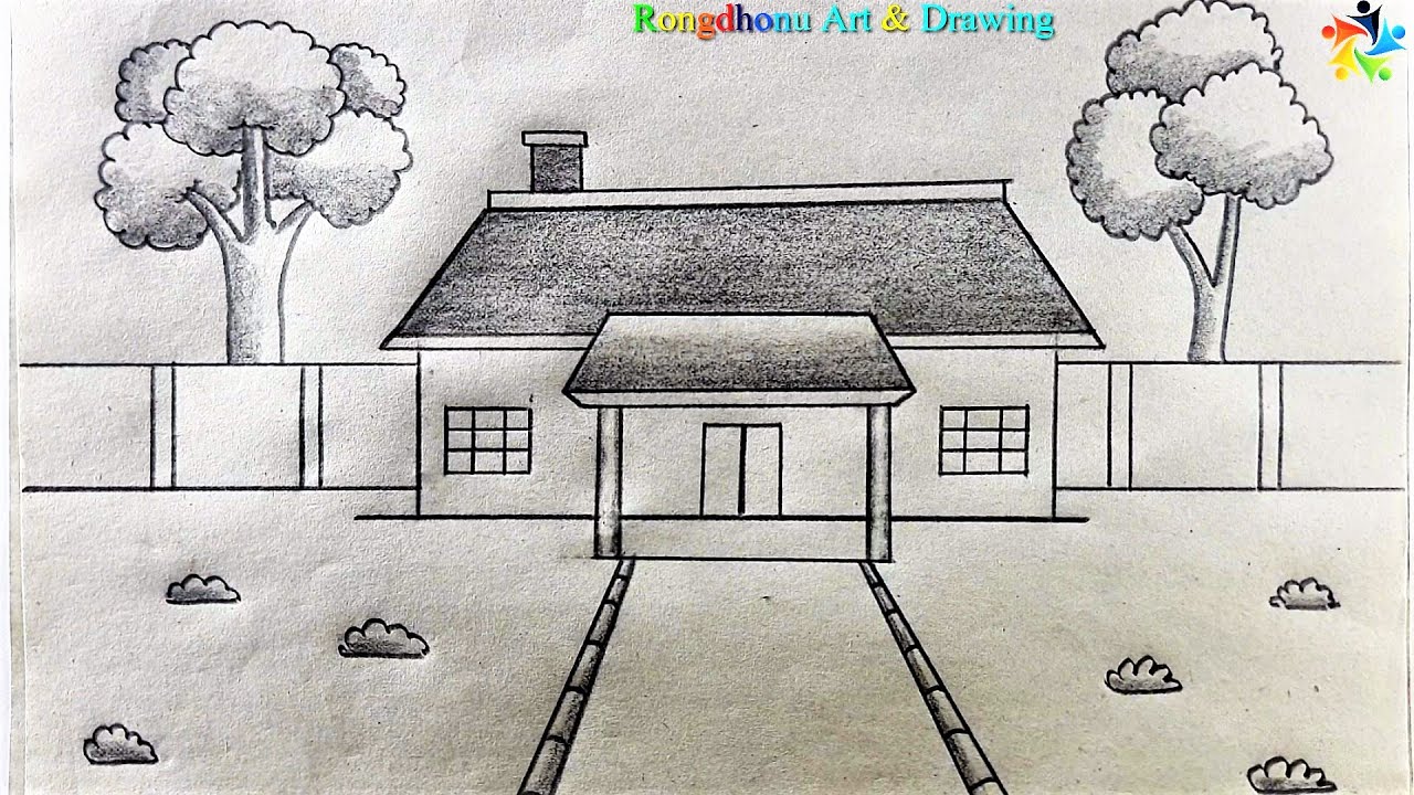 My Beautiful😍 House Scenery Drawing | for Competition | Pencil Sketch ...