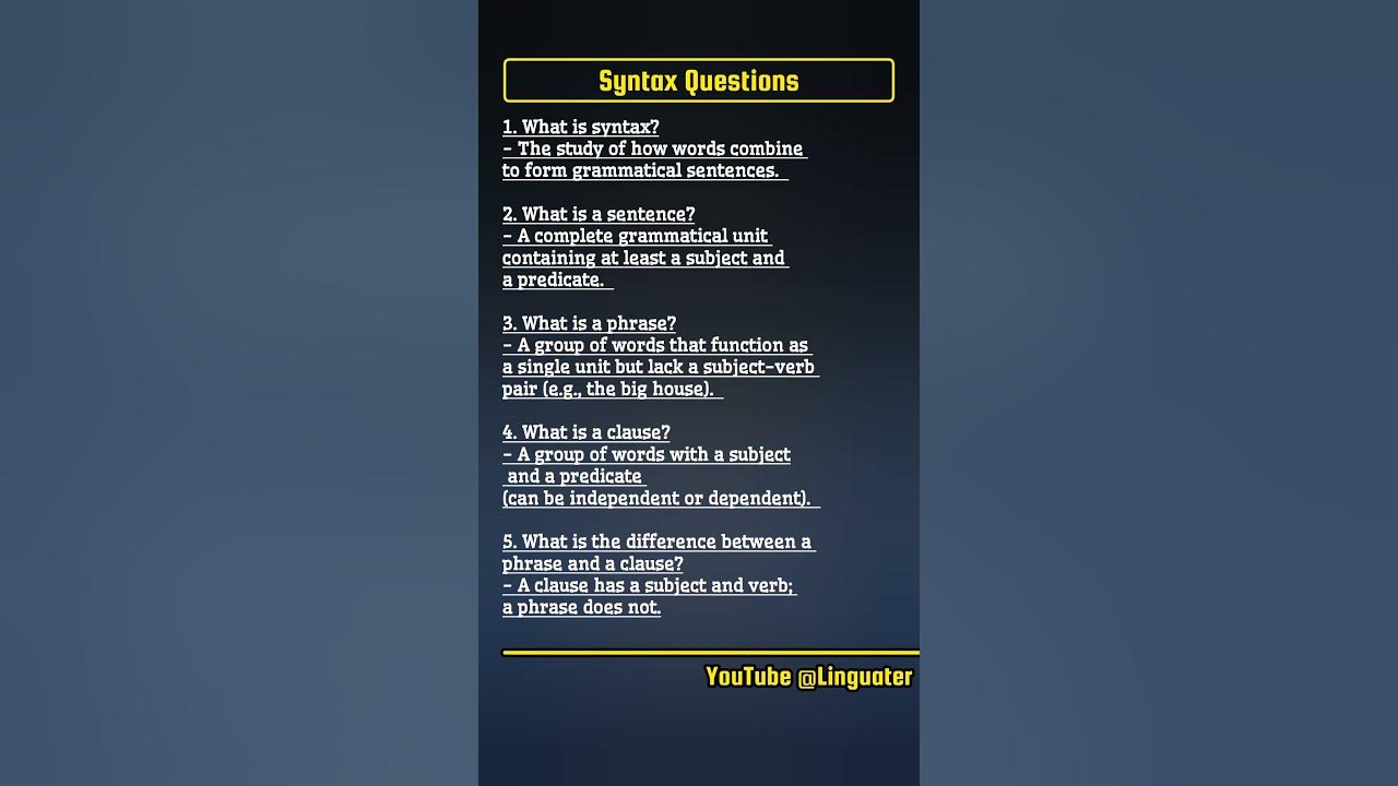 Syntax 5 Must Know Questions - Syntax Quiz #shorts #syntax #sentence #phrase #clause #grammar # ...