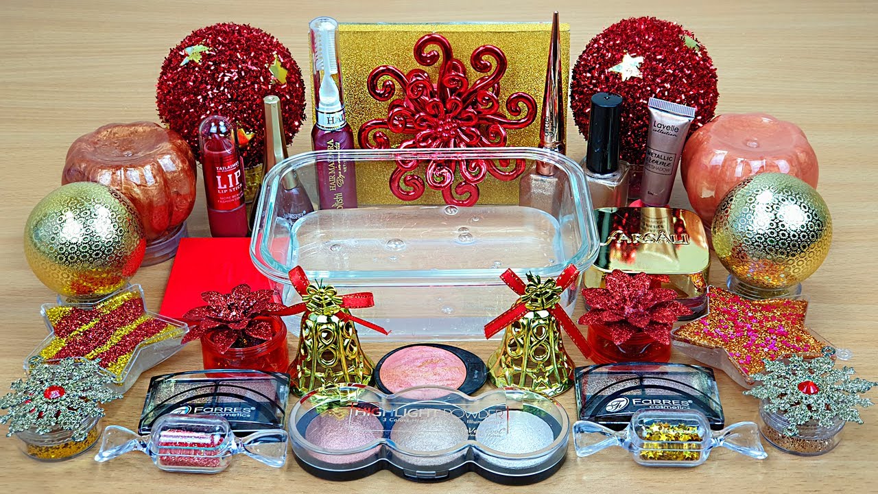 RED GOLD SLIME Mixing makeup and glitter into Clear Slime Satisfying ...
