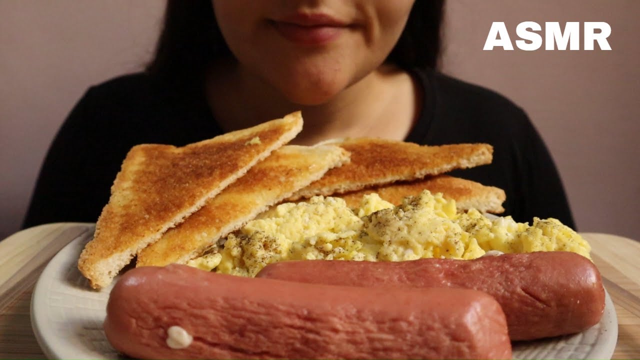 ASMR EATING Breakfast (Scrambled Eggs, Cheesy Sausages and Buttered ...