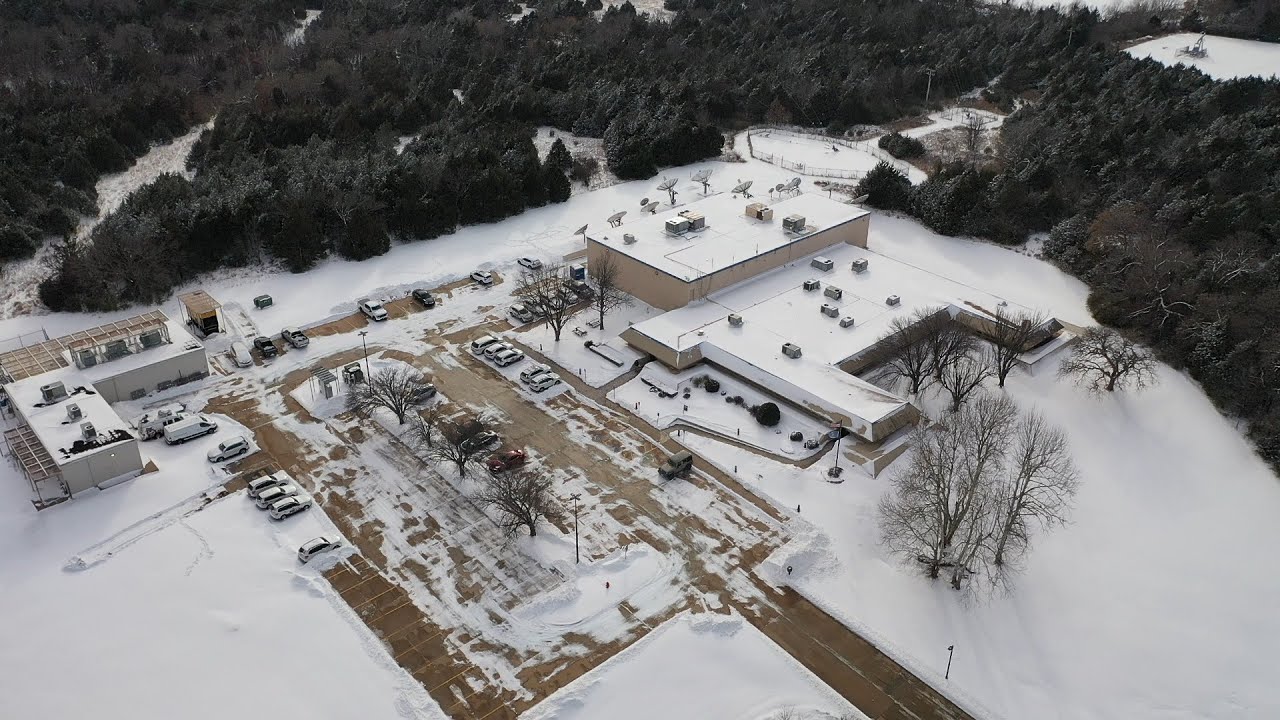 Aerial view of FOX 25 station on Sunday with snow - YouTube