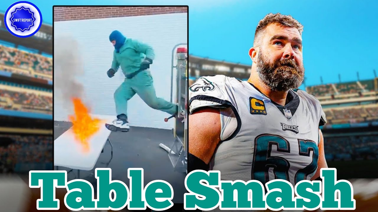 Jason Kelce BEGINS retirement by JUMPING through a FLAMING table with ...