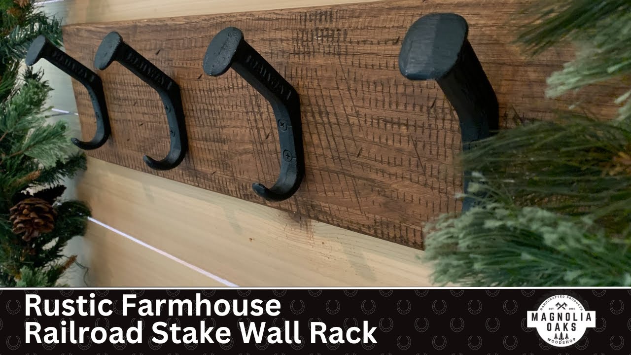 Rustic Farmhouse Wall Rack with 4 Railroad Stake Hooks in Rustic Oak ...