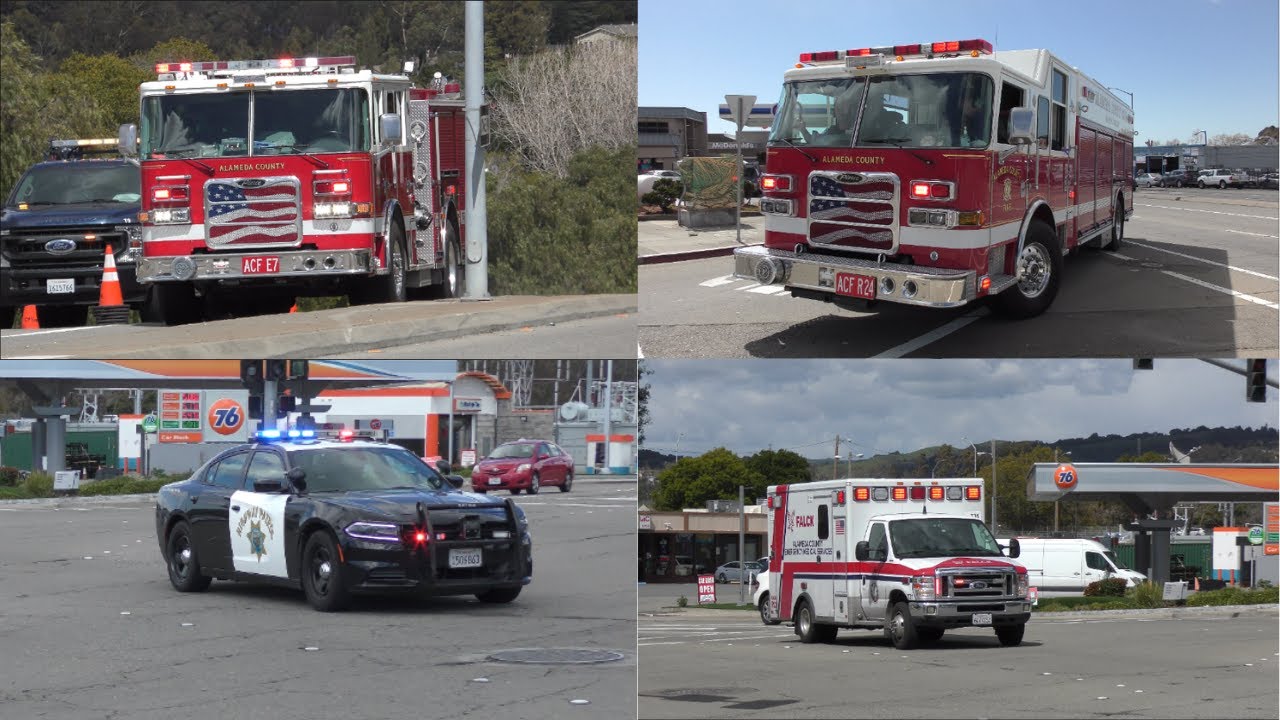 Alameda County Fire Dept. Engine 7, Rescue 24, Falck, CHP x2 Responding ...